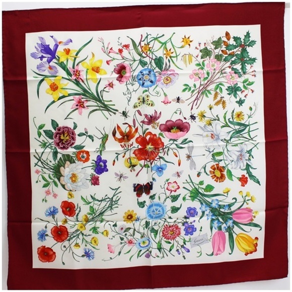 Gucci | Accessories | Gucci Scarf Muffler Stole Wine Red X White Flora ...